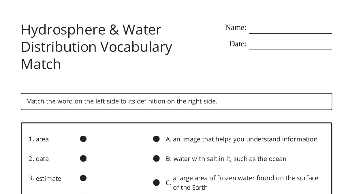 Hydrosphere & Water Distribution Vocabulary Match - My Worksheet Maker ...