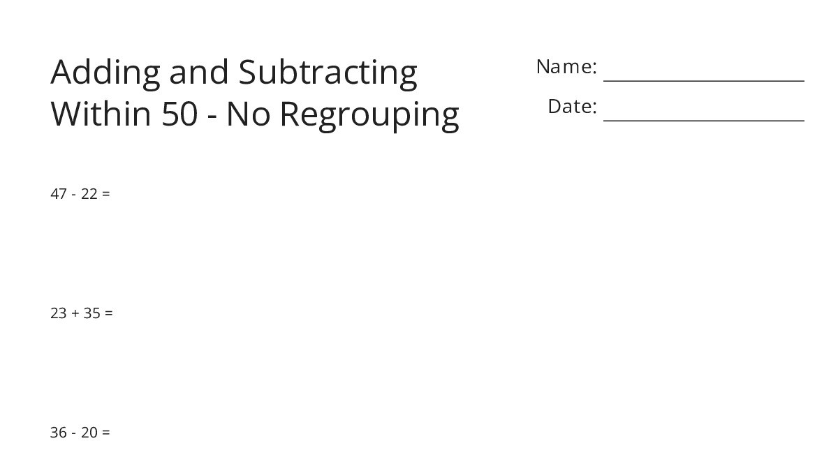 Adding and Subtracting Within 50 - No Regrouping - My Worksheet Maker ...