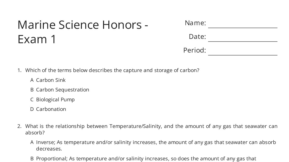 Marine Science Honors - Exam 1 - My Worksheet Maker: Create Your Own ...