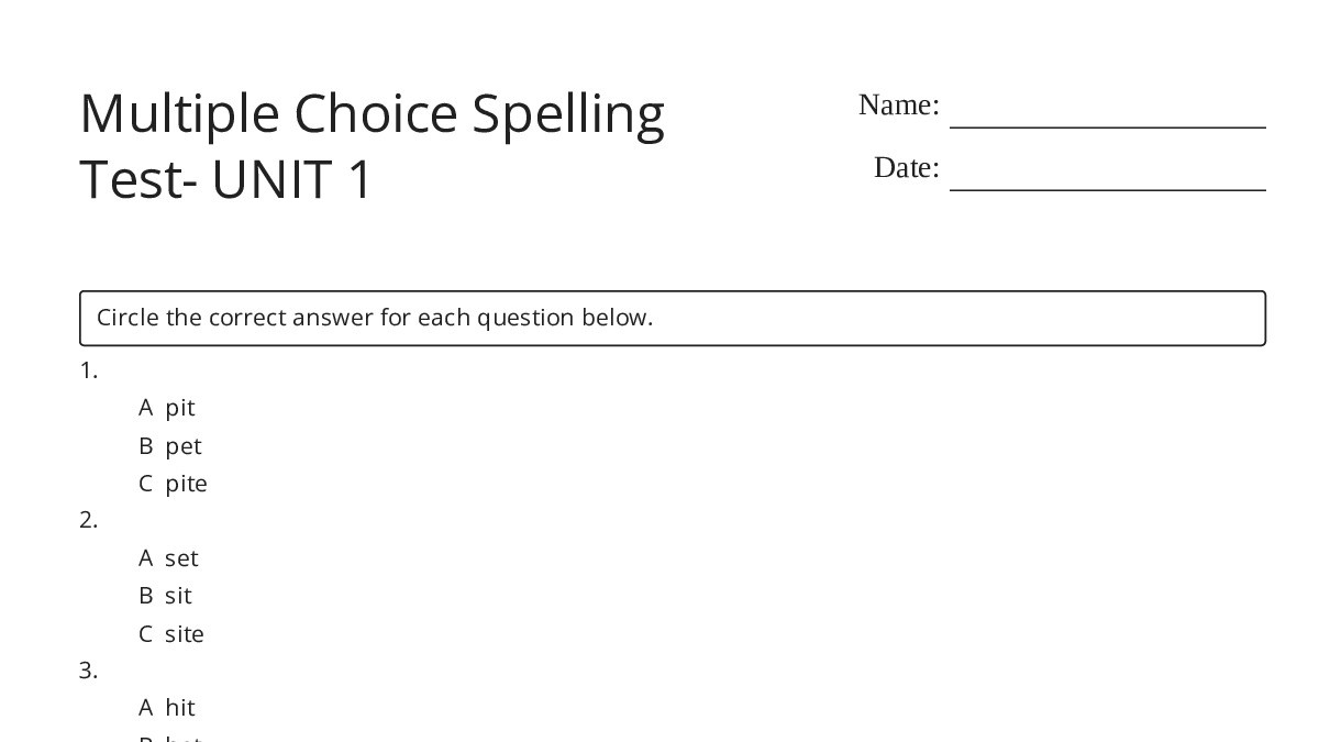 Multiple Choice Spelling Test- UNIT 1 - My Worksheet Maker: Create Your ...