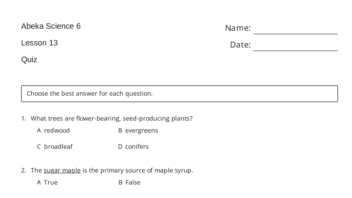Abeka Science 6 Lesson 13 Quiz - My Worksheet Maker: Create Your Own ...