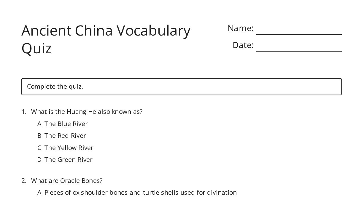 Ancient China Vocabulary Quiz - My Worksheet Maker: Create Your Own ...