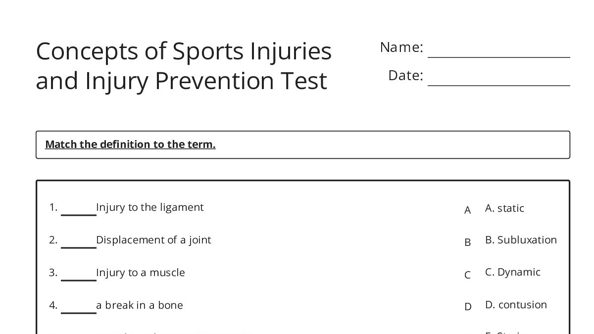 Concepts of Sports Injuries and Injury Prevention Test - My Worksheet ...