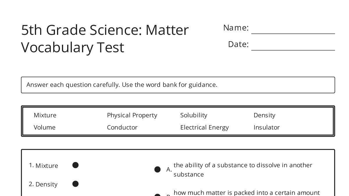 5th Grade Science: Matter Vocabulary Test - My Worksheet Maker: Create ...