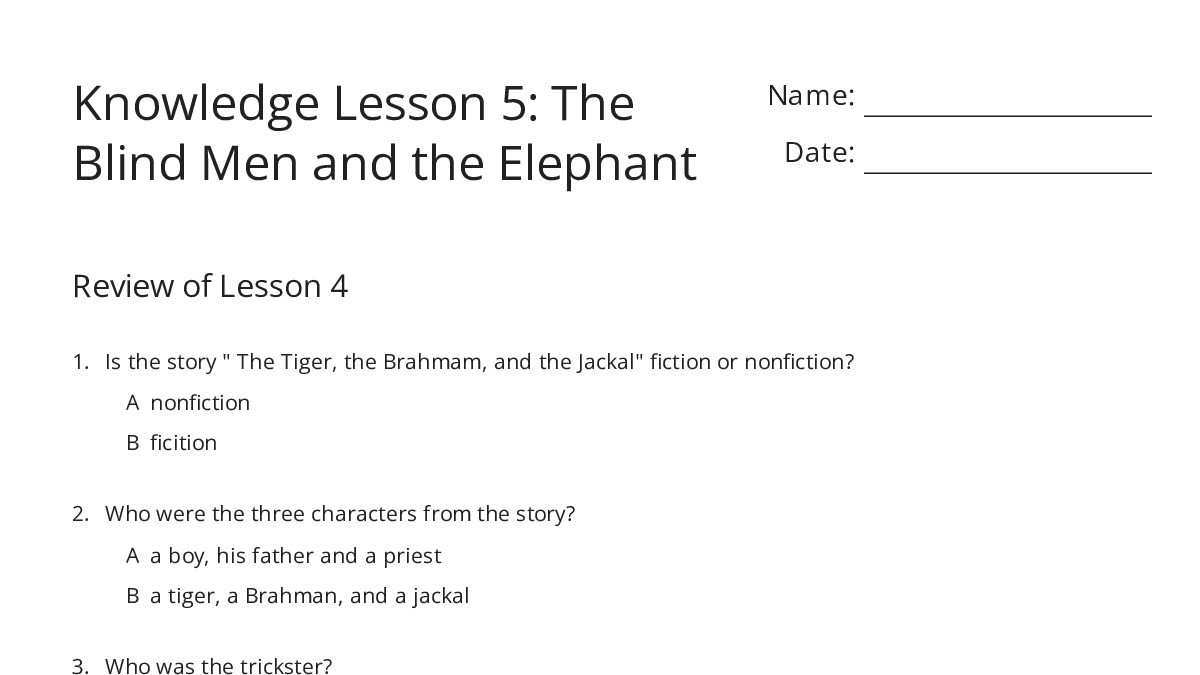Knowledge Lesson 5: The Blind Men and the Elephant - My Worksheet Maker ...