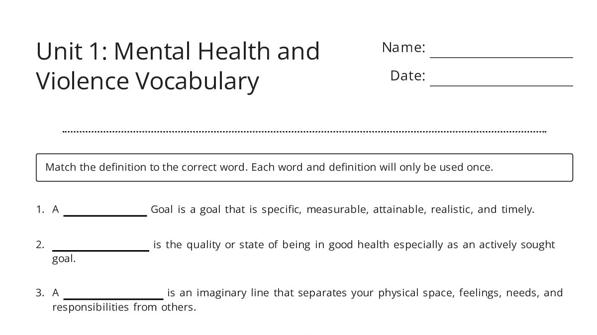 Unit 1: Mental Health and Violence Vocabulary - My Worksheet Maker ...