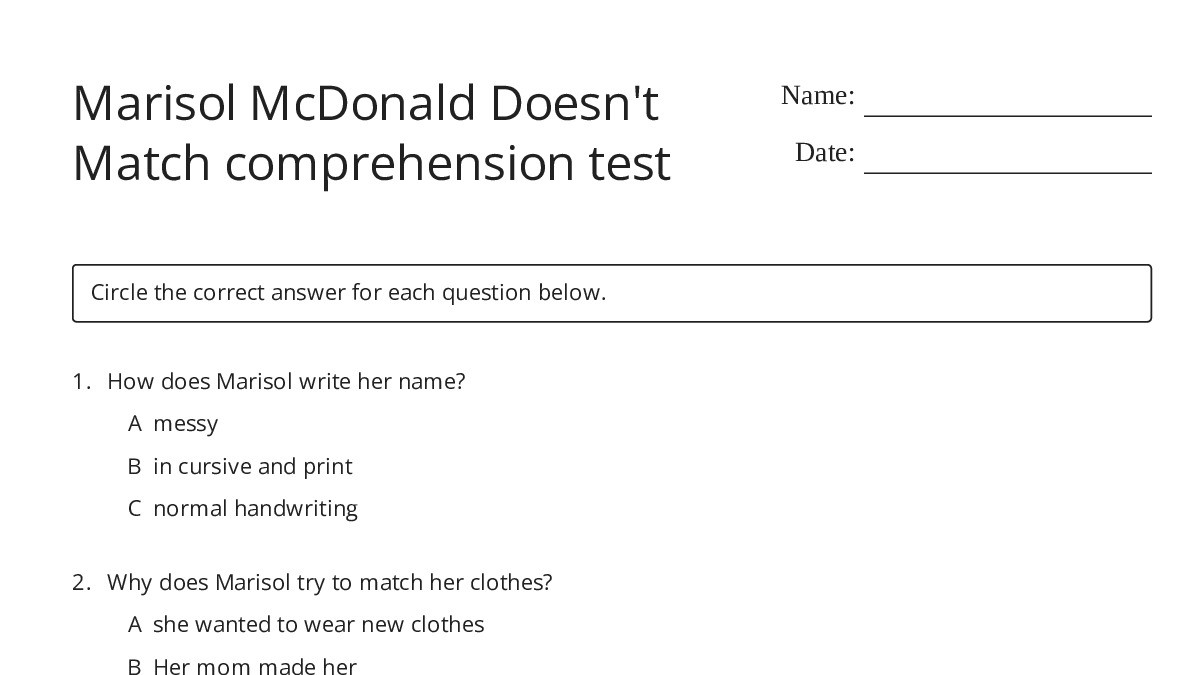 Marisol McDonald Doesn't Match comprehension test - My Worksheet Maker ...