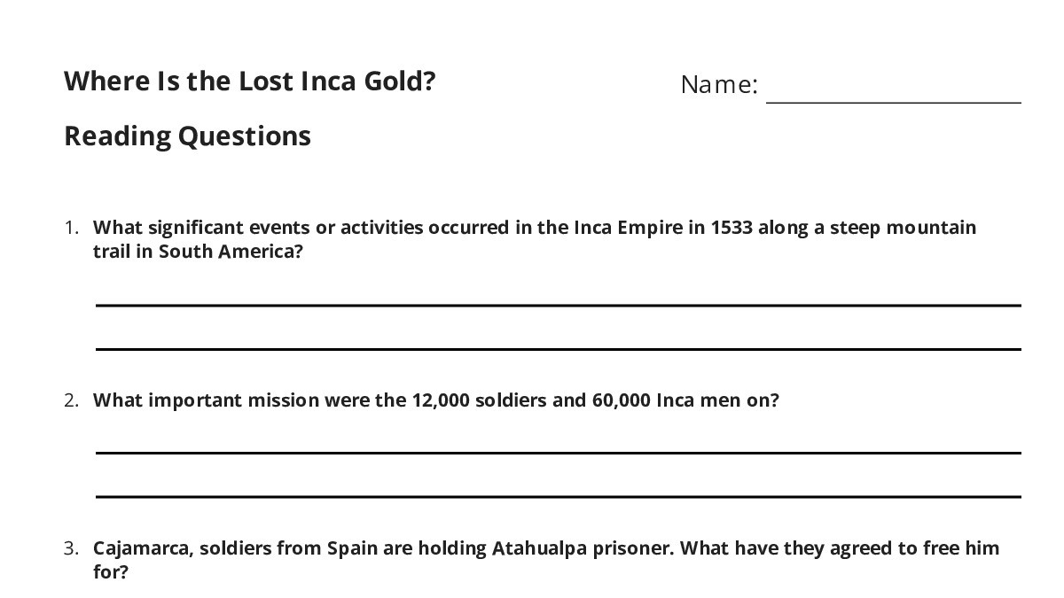 Where Is the Lost Inca Gold? Reading Questions - My Worksheet Maker ...