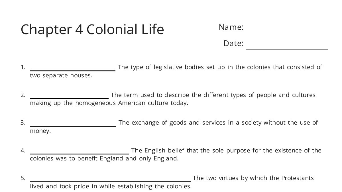 Chapter 4 Colonial Life - My Worksheet Maker: Create Your Own Worksheets