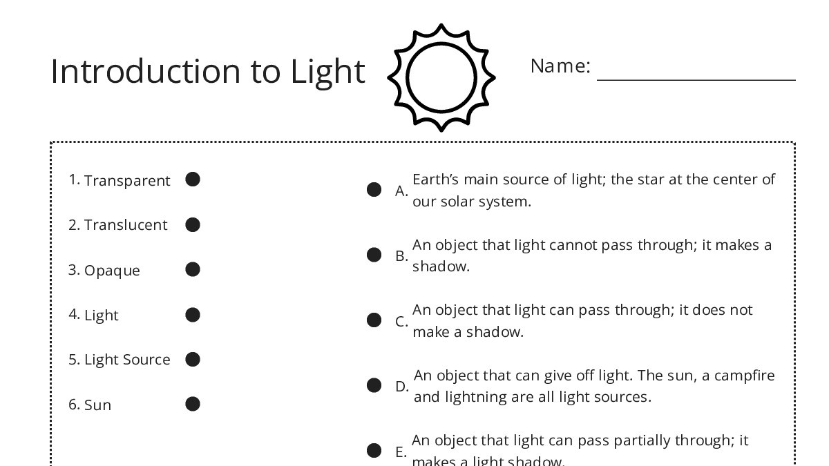 Introduction to Light - My Worksheet Maker: Create Your Own Worksheets