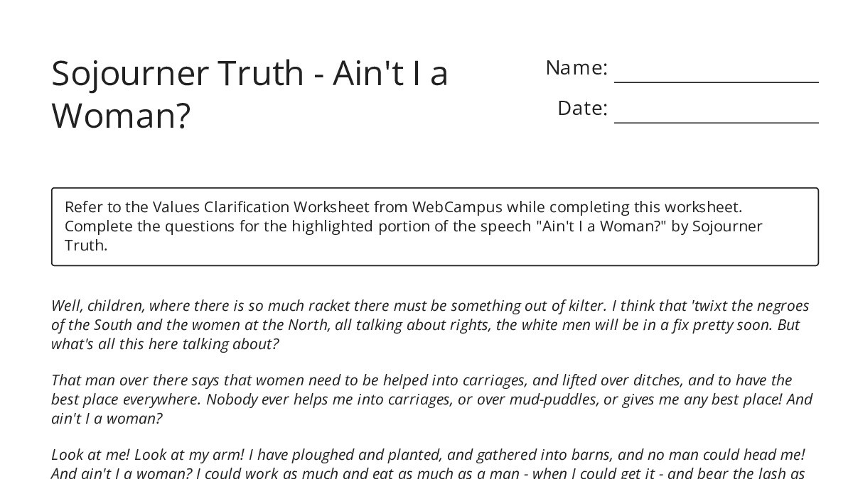Sojourner Truth - Ain't I a Woman? - My Worksheet Maker: Create Your ...