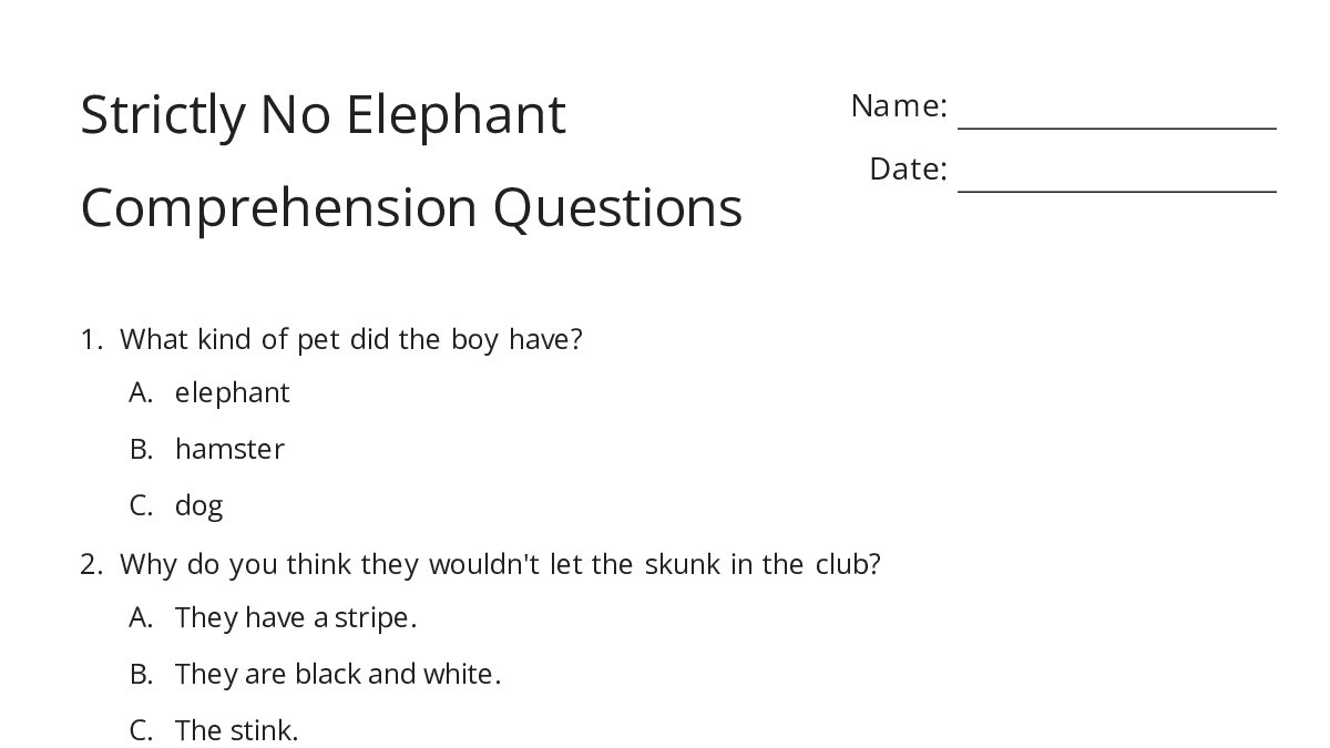 Strictly No Elephant Comprehension Questions - My Worksheet Maker ...