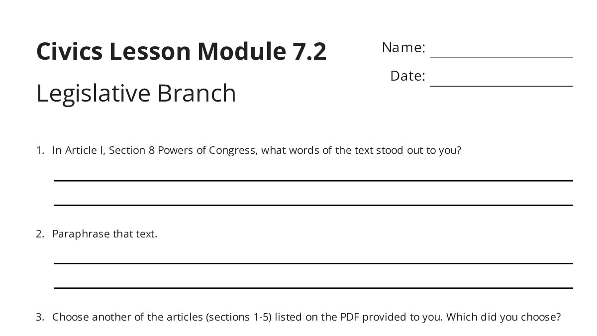 Civics Lesson Module 7.2 Legislative Branch - My Worksheet Maker ...