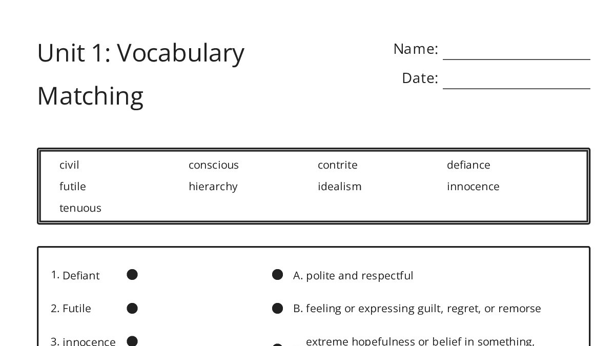 Unit 1: Vocabulary Matching - My Worksheet Maker: Create Your Own ...