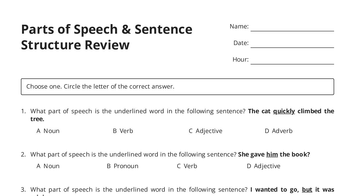 Parts of Speech & Sentence Structure﻿﻿﻿ Review - My Worksheet Maker ...