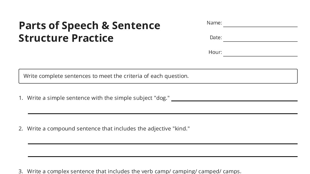 Parts of Speech & Sentence Structure Practice - My Worksheet Maker ...