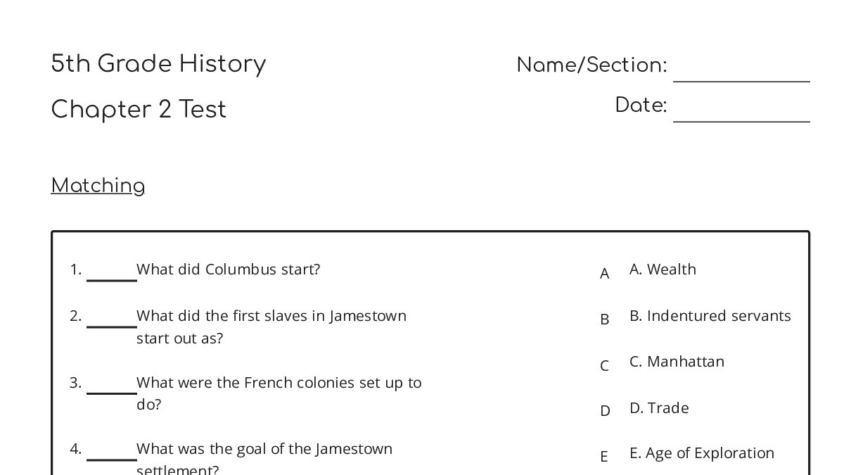 5th Grade History Chapter 2 Test - My Worksheet Maker: Create Your Own ...