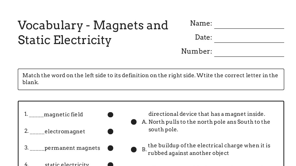 Vocabulary - Magnets and Static Electricity - My Worksheet Maker ...