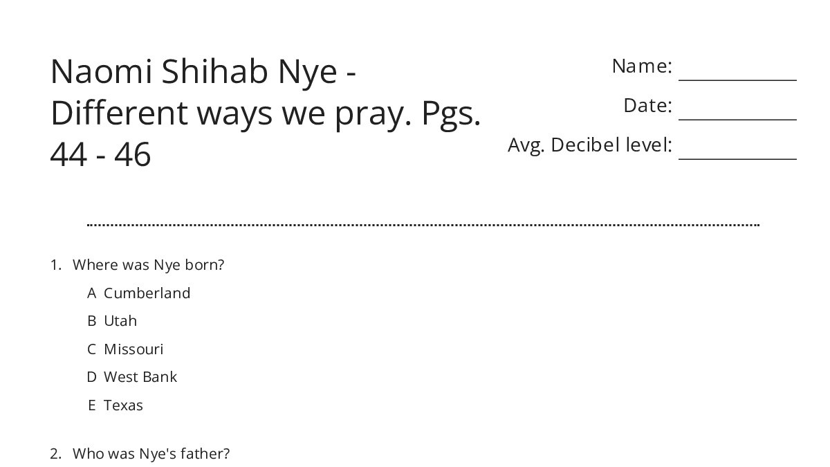 Naomi Shihab Nye - Different ways we pray. Pgs. 44 - 46 - My Worksheet ...
