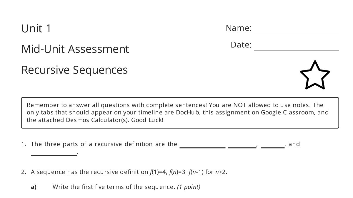Unit 1 Mid-Unit Assessment Recursive Sequences - My Worksheet Maker ...