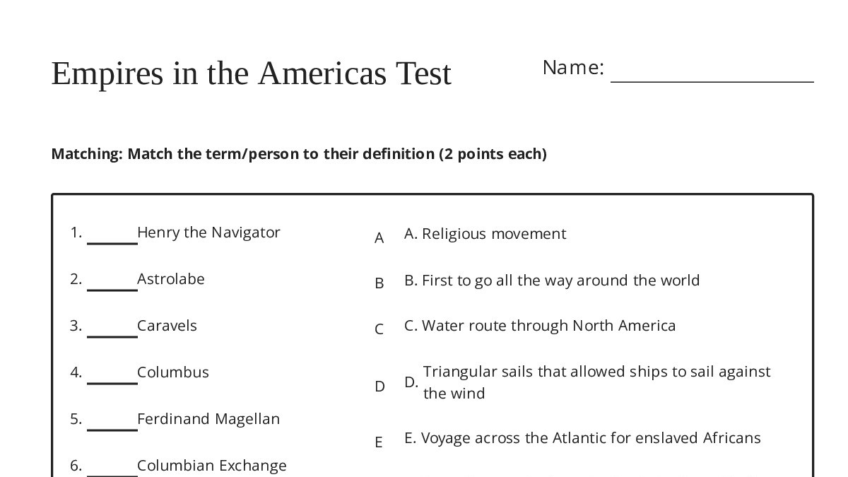 Empires in the Americas Test - My Worksheet Maker: Create Your Own ...