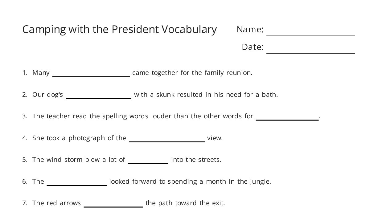 Camping with the President Vocabulary - My Worksheet Maker: Create Your ...