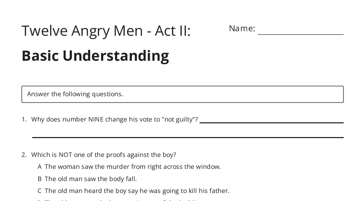Twelve Angry Men - Act II: Basic Understanding - My Worksheet Maker ...