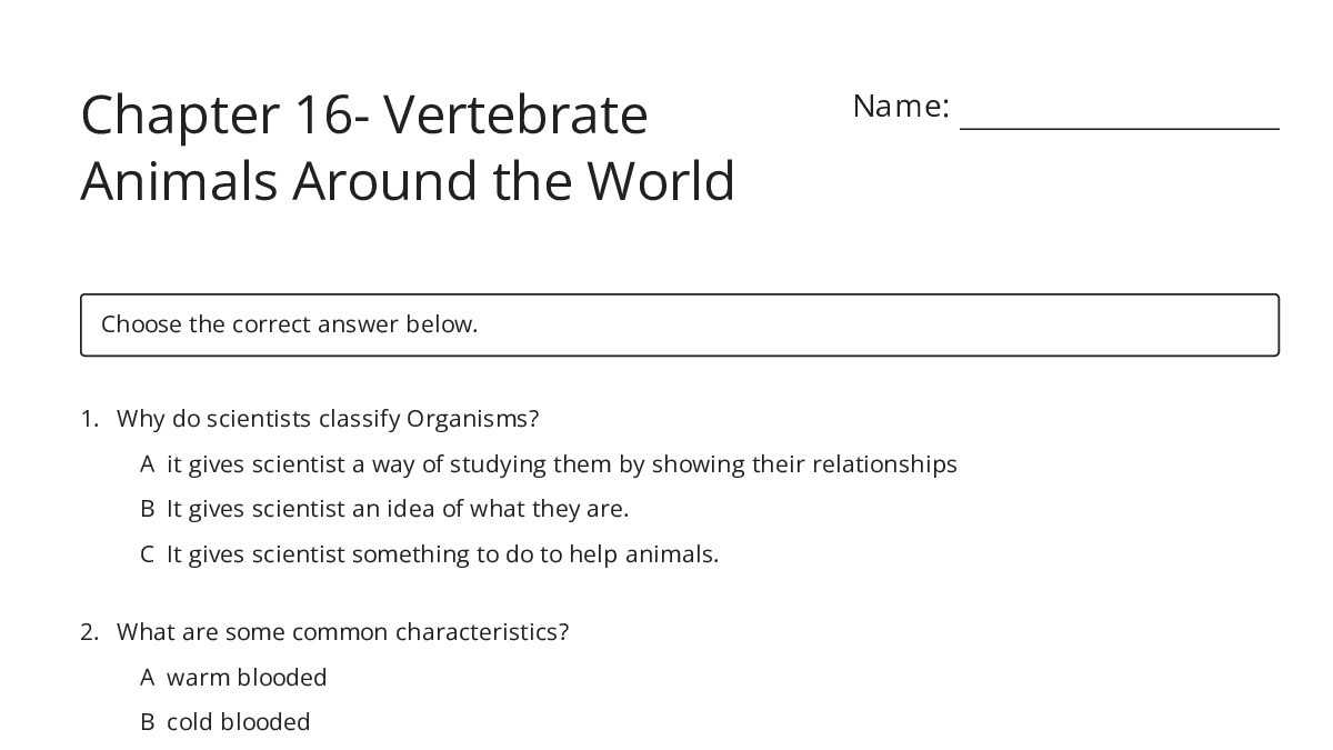Chapter 16- Vertebrate Animals Around the World - My Worksheet Maker ...