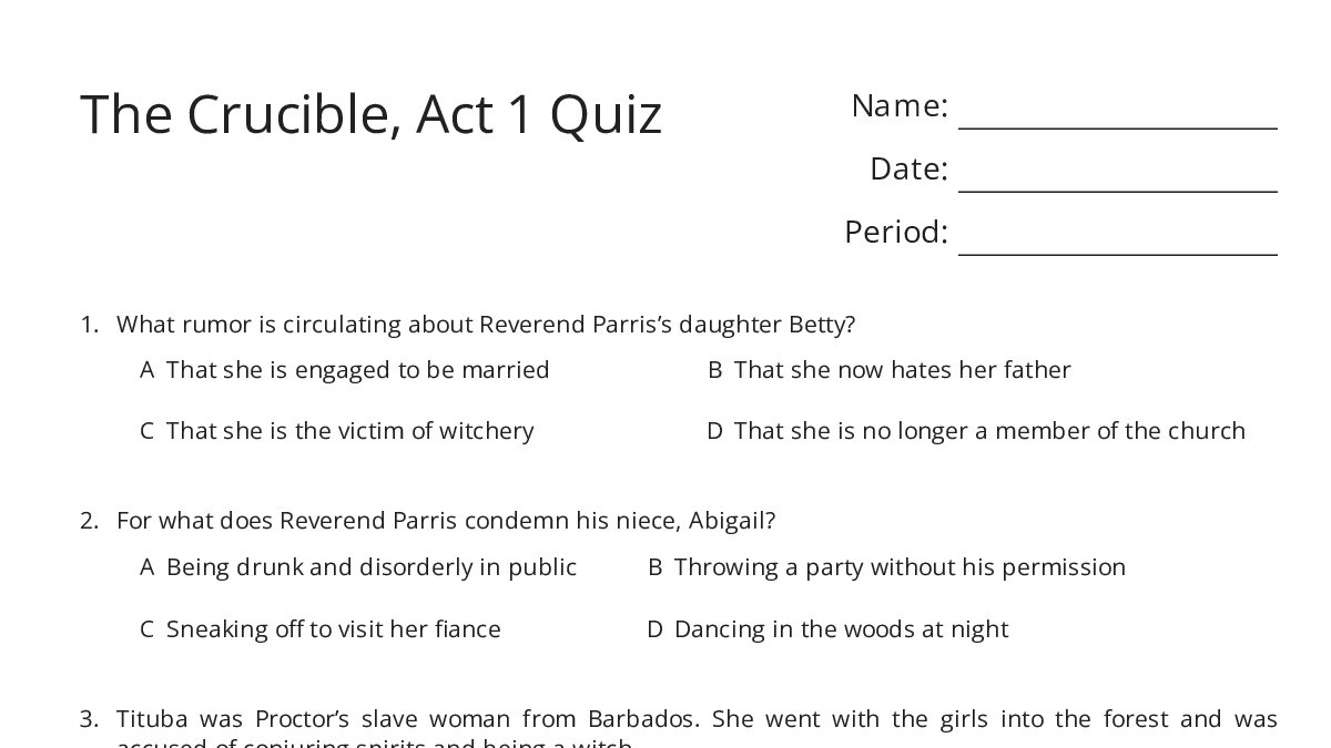 The Crucible, Act 1 Quiz - My Worksheet Maker: Create Your Own Worksheets
