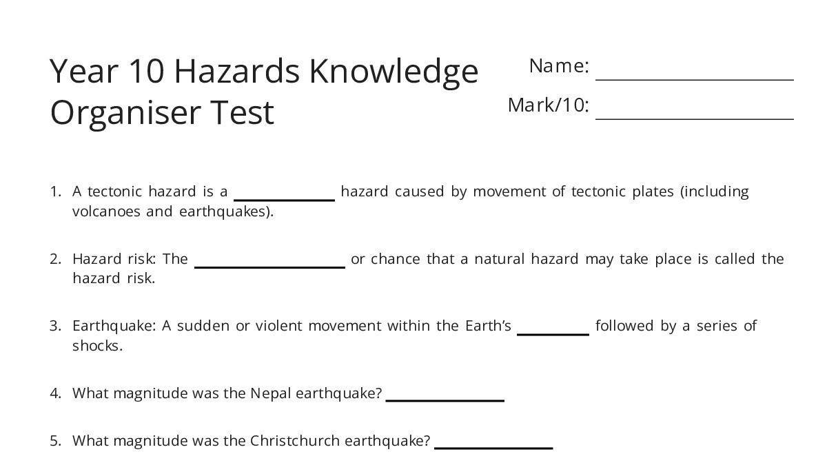 Year 10 Hazards Knowledge Organiser Test - My Worksheet Maker: Create ...