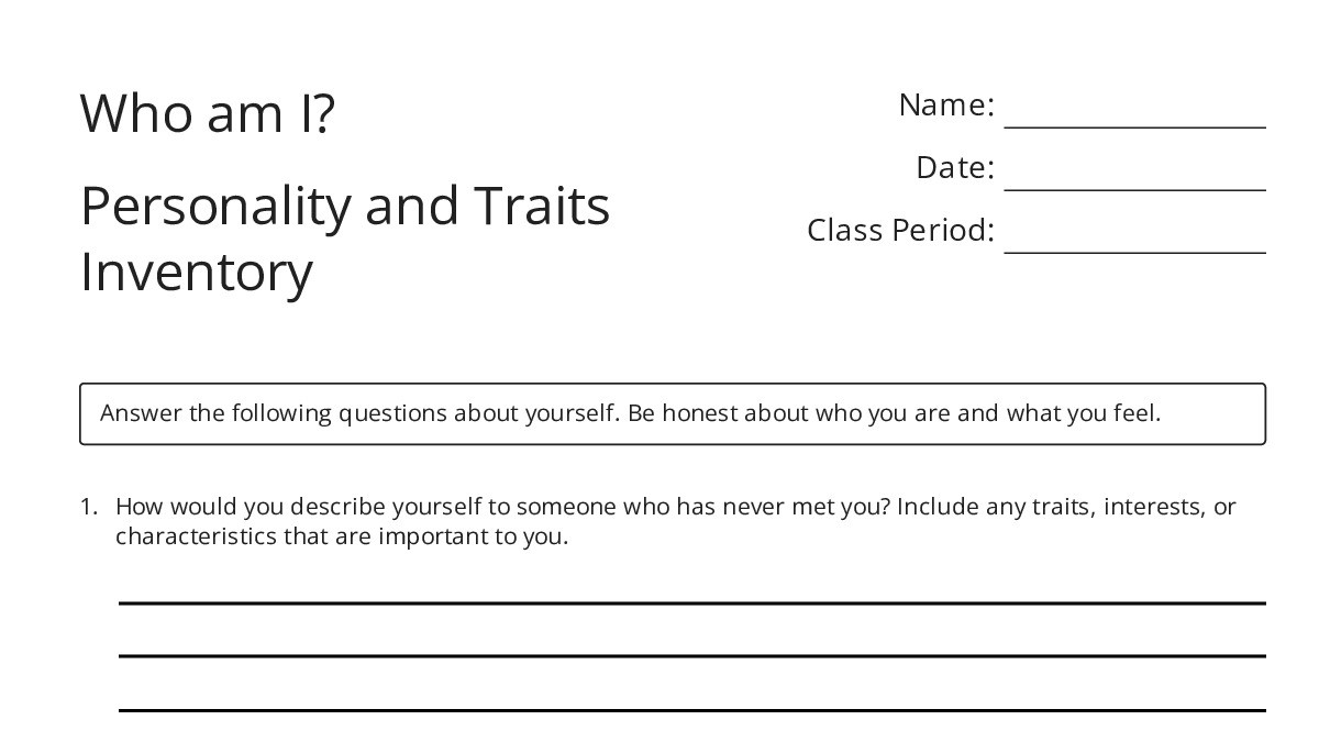 Who am I? Personality and Traits Inventory - My Worksheet Maker: Create ...