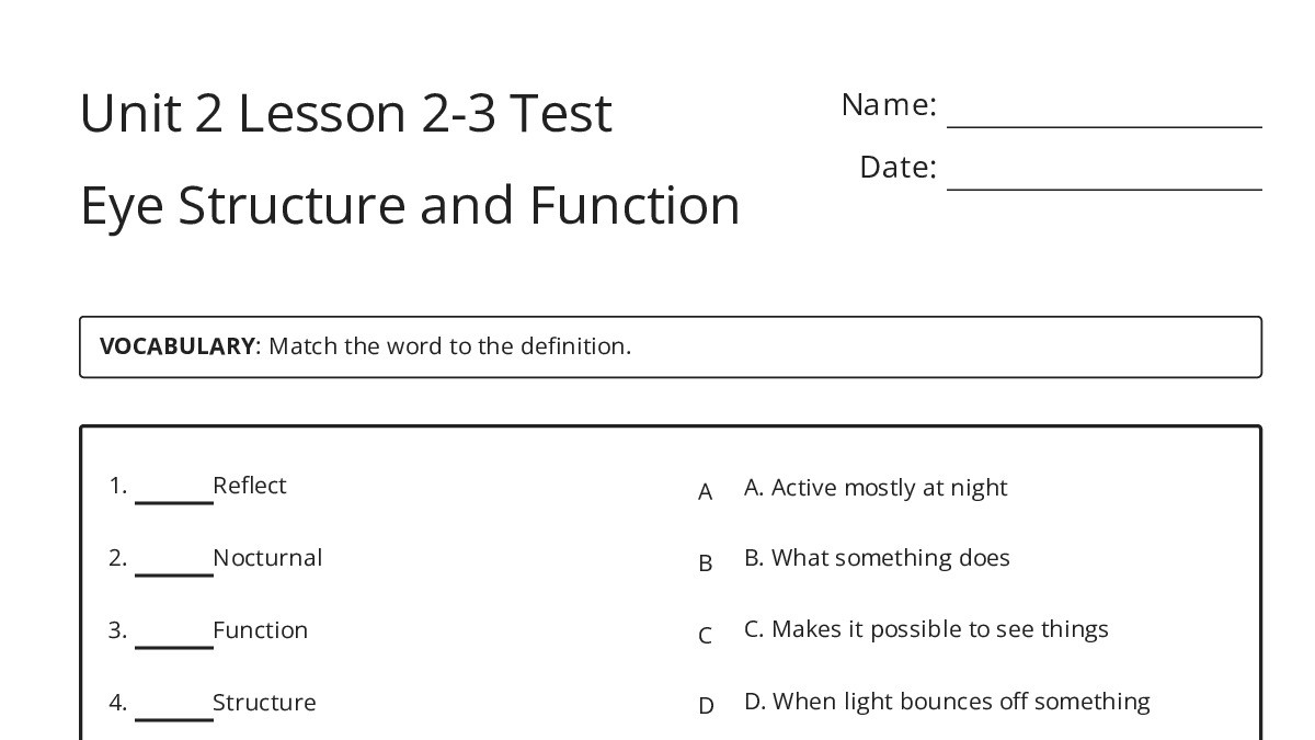 Unit 2 Lesson 2-3 Test Eye Structure and Function - My Worksheet Maker ...