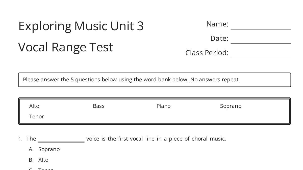 Exploring Music Unit 3 Vocal Range Test - My Worksheet Maker: Create ...