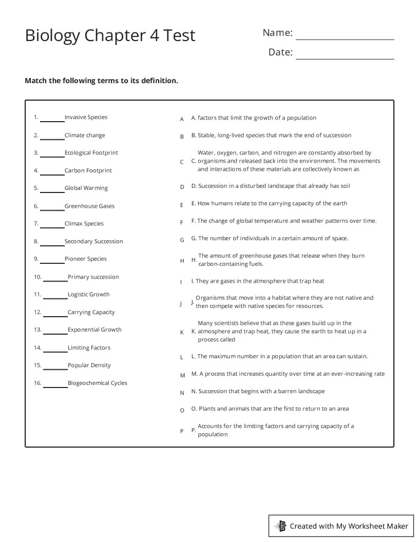 Biology Chapter 4 Test - My Worksheet Maker: Create Your Own Worksheets