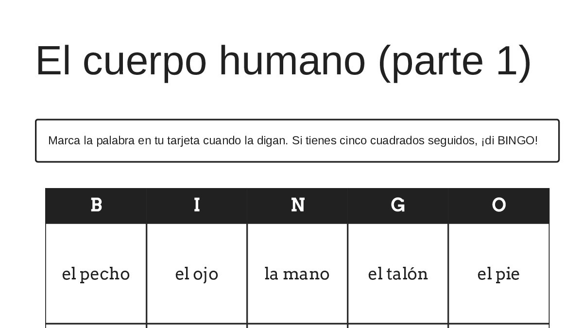 El cuerpo humano (parte 1) - My Bingo Maker: Create Your Own Bingo Cards