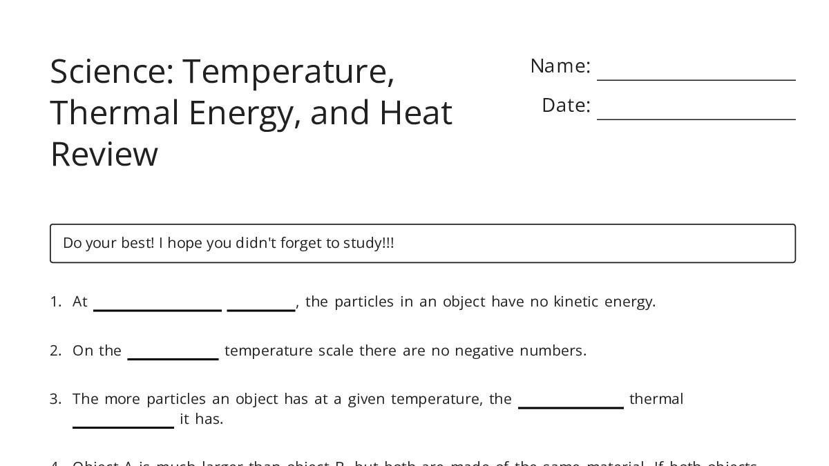 Science: Temperature, Thermal Energy, and Heat Review - My Worksheet ...