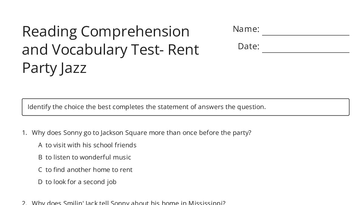 Reading Comprehension and Vocabulary Test- Rent Party Jazz - My ...