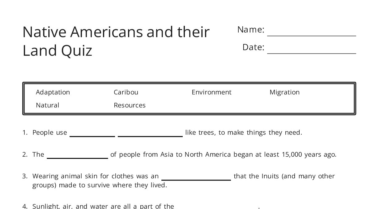 Native Americans and their Land Quiz - My Worksheet Maker: Create Your ...