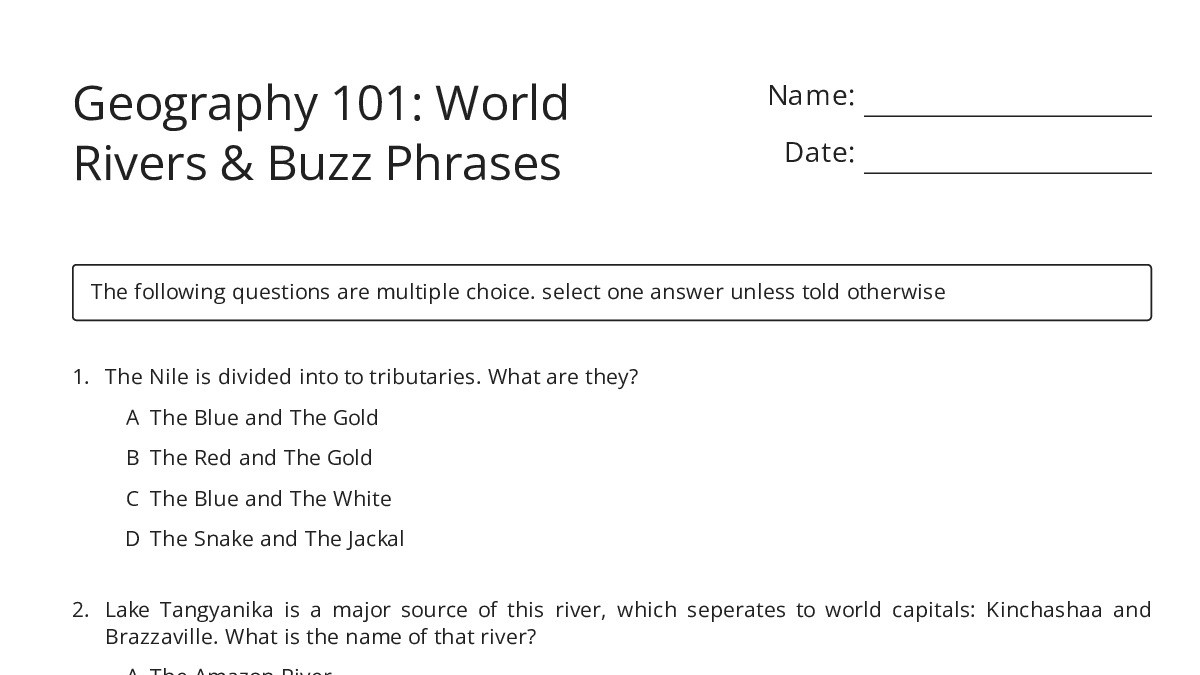 Geography 101: World Rivers & Buzz Phrases - My Worksheet Maker: Create ...