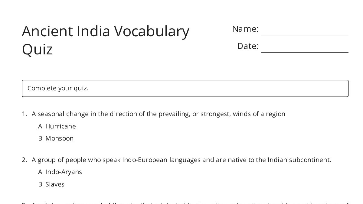 Ancient India Vocabulary Quiz - My Worksheet Maker: Create Your Own ...