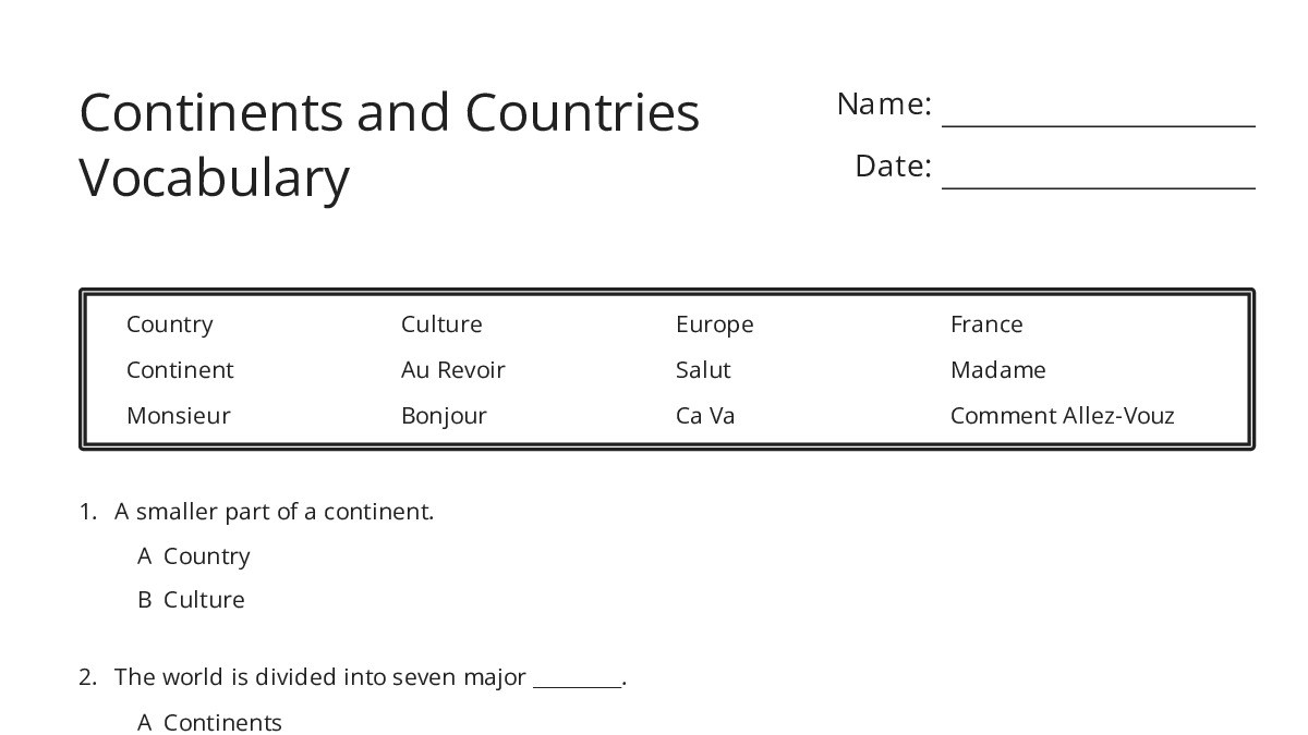 Continents and Countries Vocabulary - My Worksheet Maker: Create Your ...