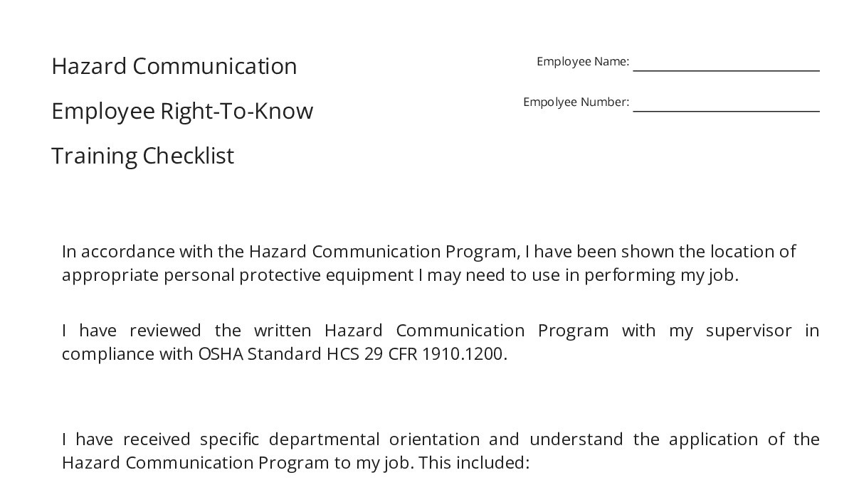 Hazard Communication Employee R﻿﻿﻿﻿ight-To-Know Training Checklist - My ...