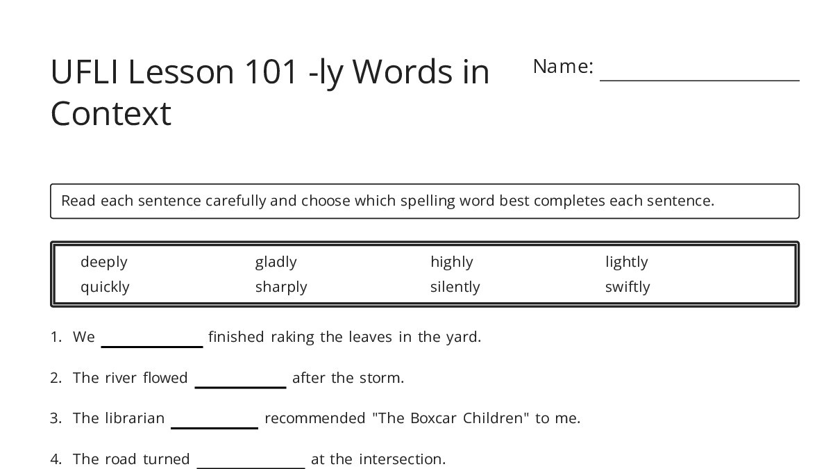 UFLI Lesson 101 -ly Words in Context - My Worksheet Maker: Create Your ...