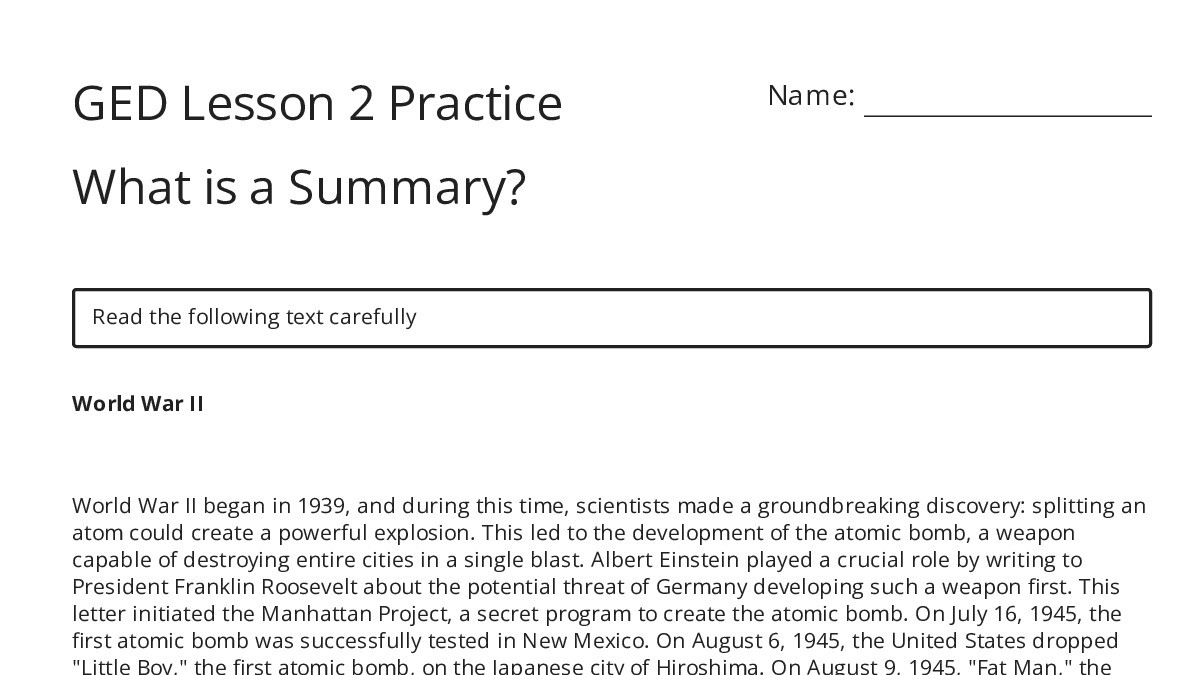 GED Lesson 2 Practice What is a Summary? - My Worksheet Maker: Create ...