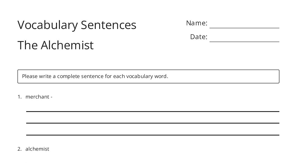 Vocabulary Sentences The Alchemist - My Worksheet Maker: Create Your ...