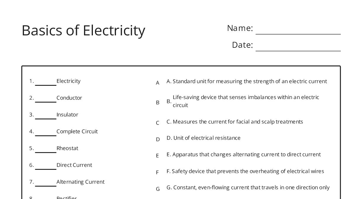 Basics of Electricity - My Worksheet Maker: Create Your Own Worksheets
