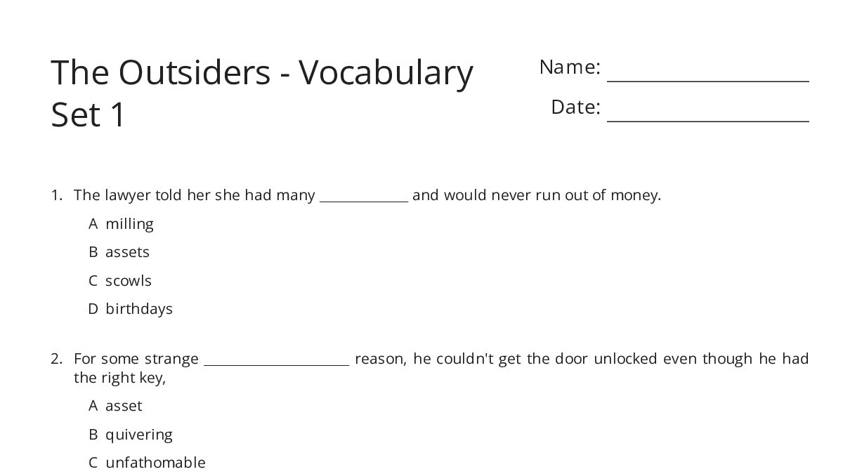 The Outsiders - Vocabulary Set 1 - My Worksheet Maker: Create Your Own ...