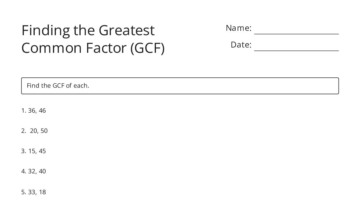 Finding the Greatest Common Factor (GCF) - My Worksheet Maker: Create ...