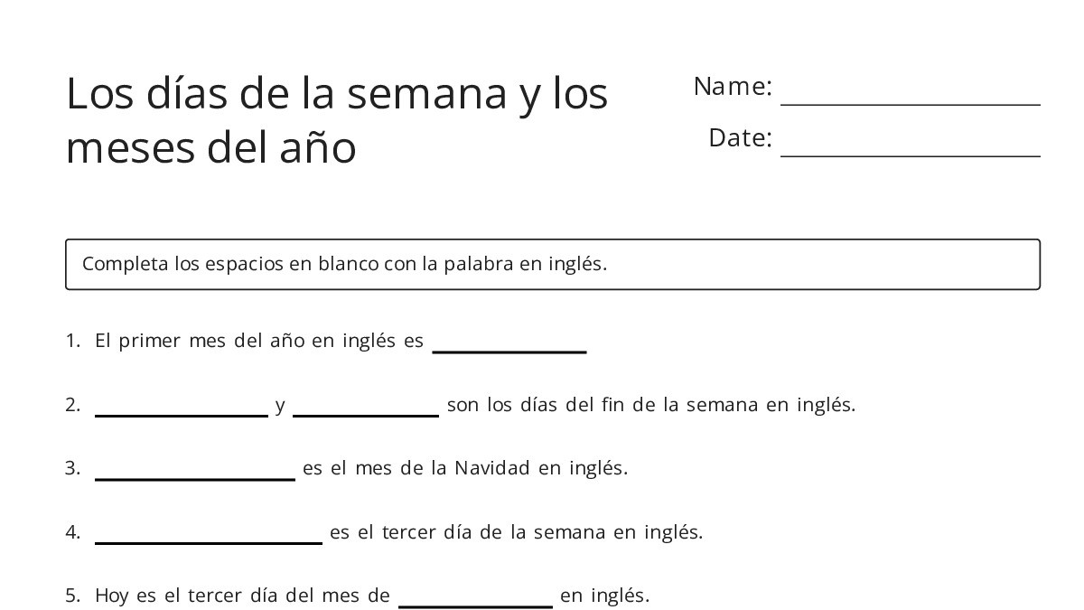 Los días de la semana y los meses del año - My Worksheet Maker: Create ...