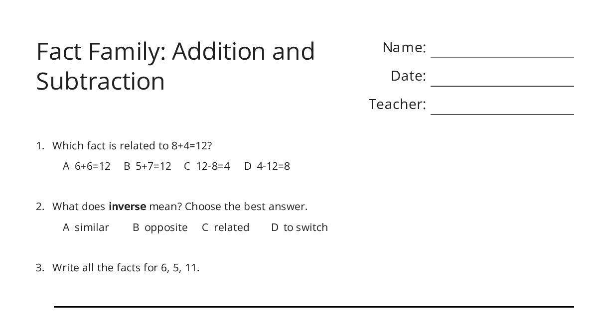 Fact Family: Addition and Subtraction - My Worksheet Maker: Create Your ...